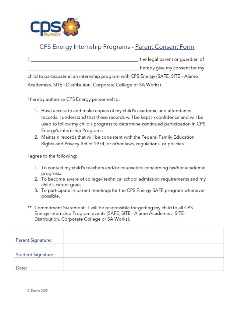 CPS Energy Internship Programs - Parent Consent Form: Parent Signature: Student Signature: Date ...