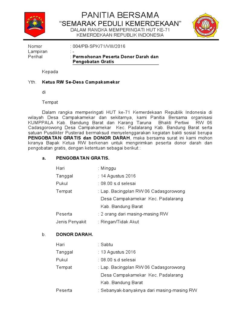 Surat Permohonan Peserta Donor Darah Ke RW | PDF