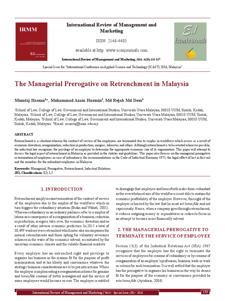 The Managerial Prerogative On Retrenchment in Malaysia: International ...
