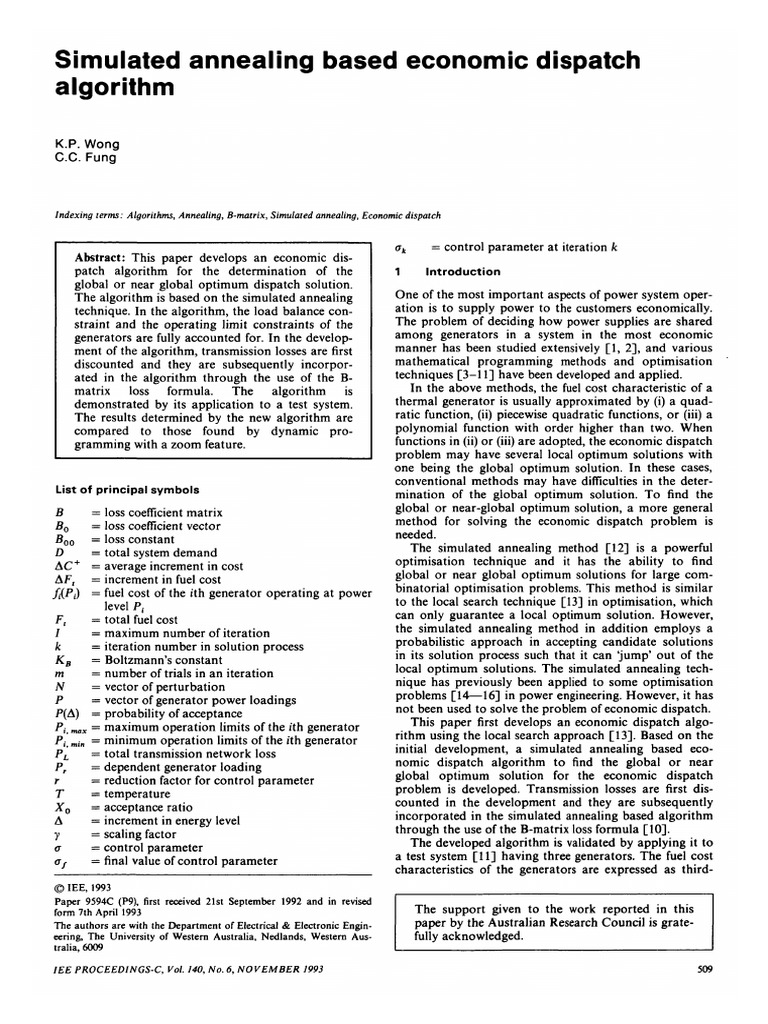 1993 Simulated Annealing Based Economic Dispatch Algorithm Pdf Mathematical Optimization
