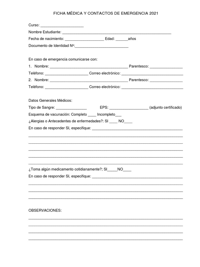 Ficha Médica y Contactos de Emergencia 2021 | PDF