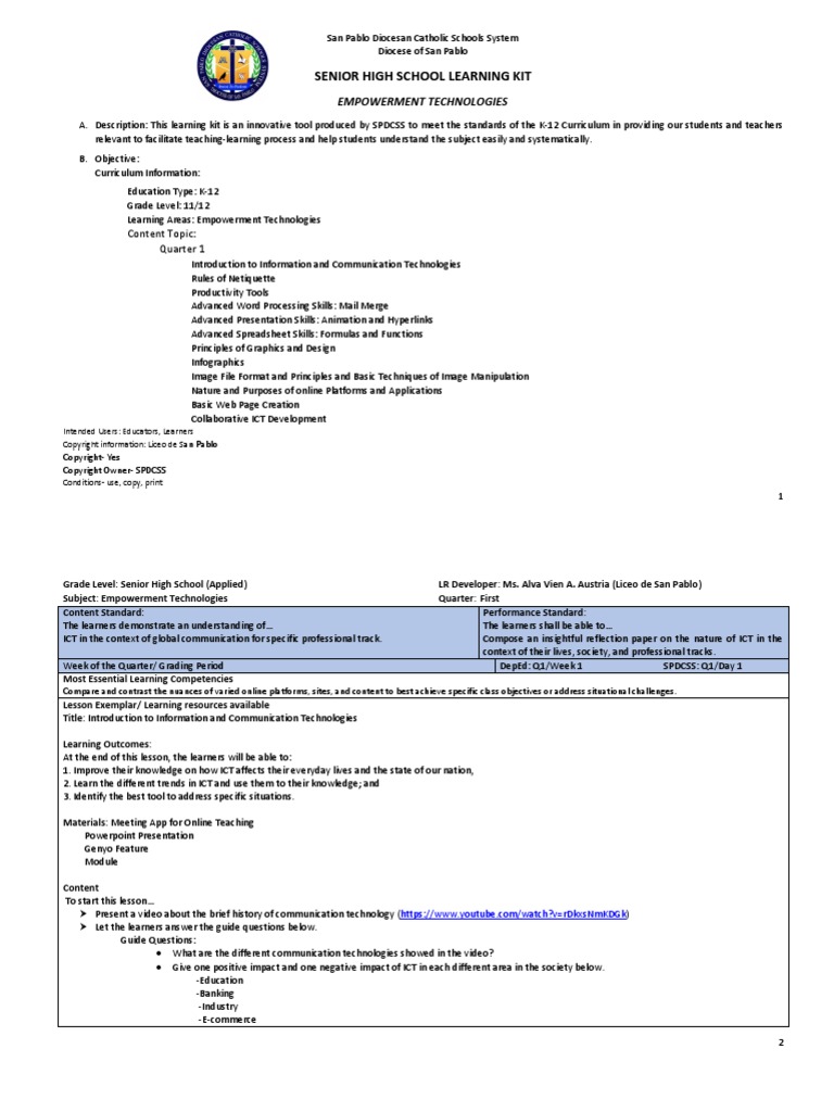 SHS Learning Kit Empowerment Technologies Q1 | PDF | World Wide Web ...