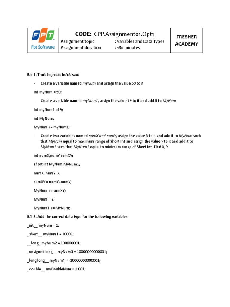CODE: CPP - Assignment01.Opt1: Assignment Topic Assignment Duration | PDF