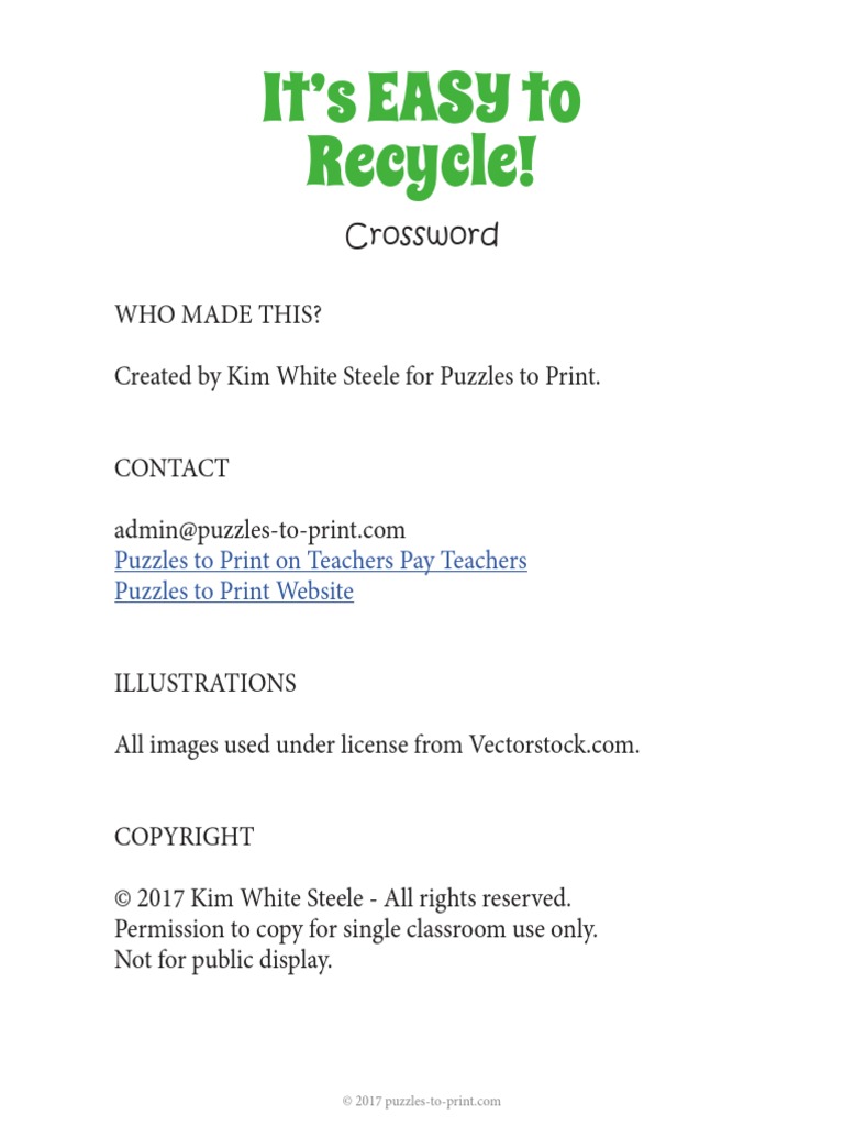 2 - Earth Day Worksheet - Recycling Crossword Puzzle | PDF | Recycling ...