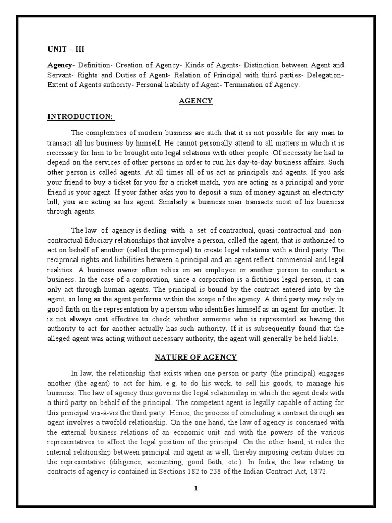 Unit - Iii Agency-Definition - Creation of Agency - Kinds of Agents ...