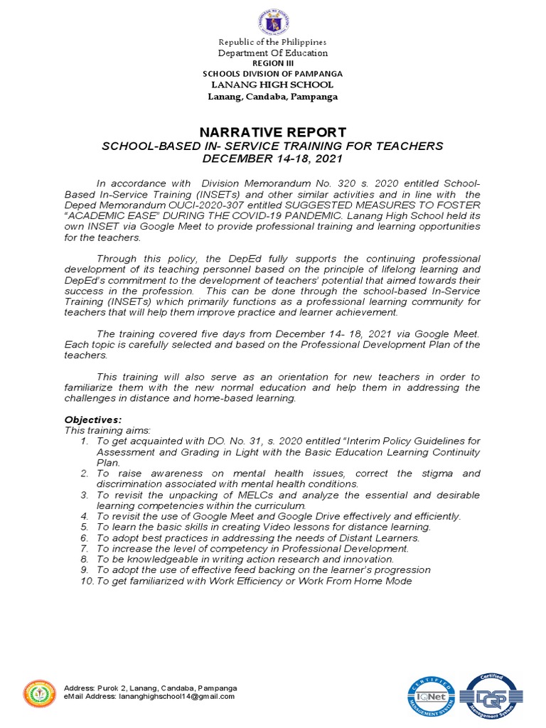 Narrative Report Year End Inset 1 | PDF | Mental Health | Learning