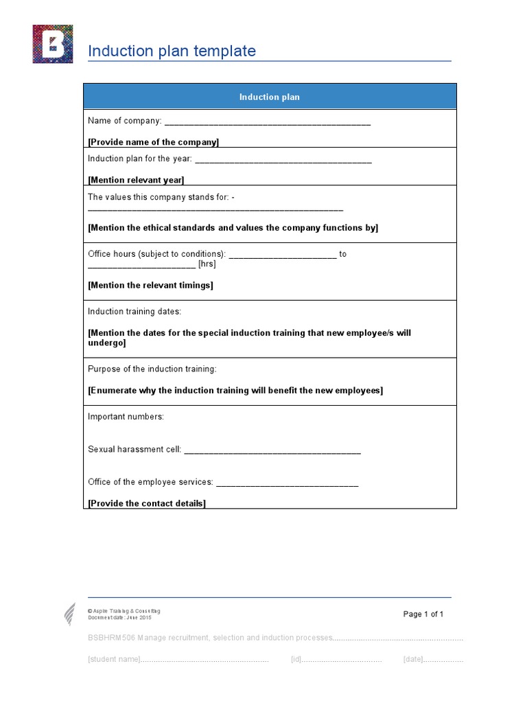 bsbhrm506 Induction Plan Template | PDF