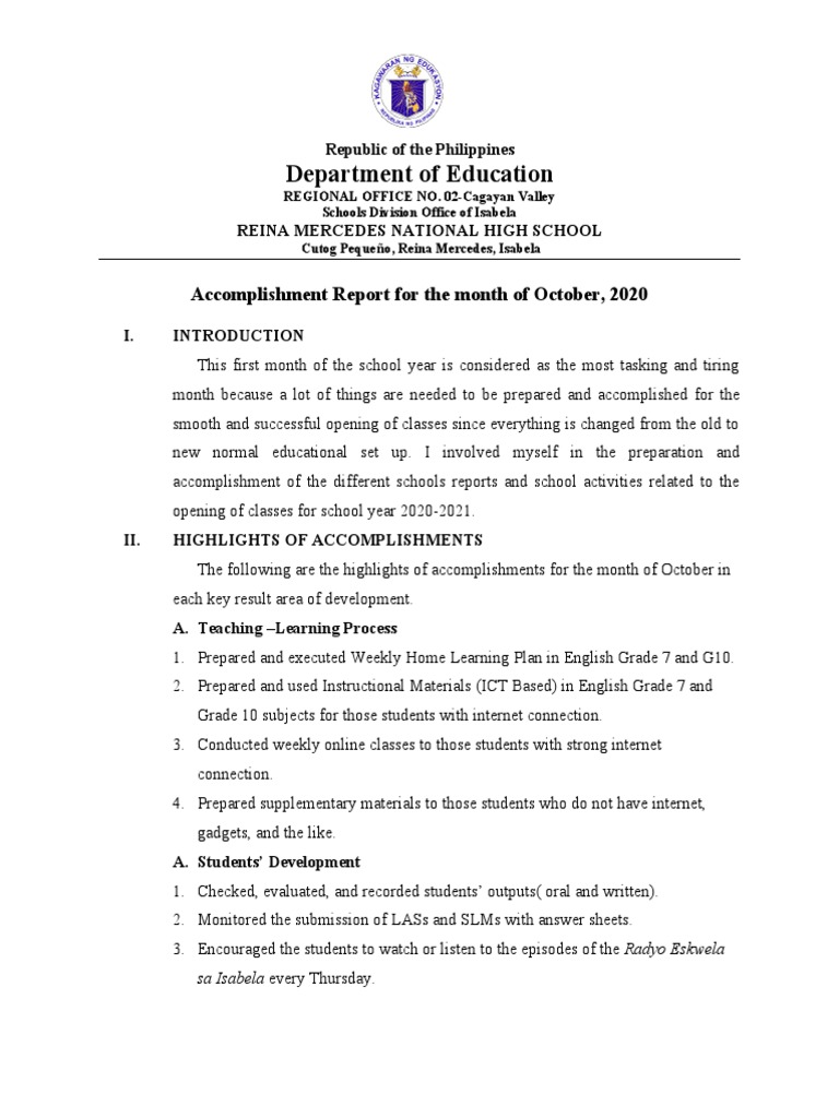 Accomplishment Report Sample | PDF | Educational Technology | Applied ...