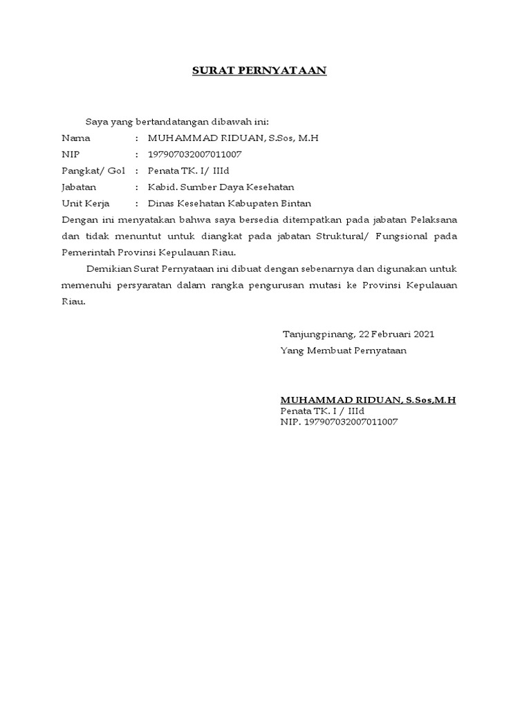 Surat Pernyataan An Muhammad Riduan | PDF