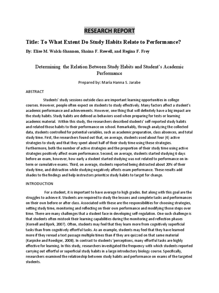Research Report: Title: To What Extent Do Study Habits Relate To ...