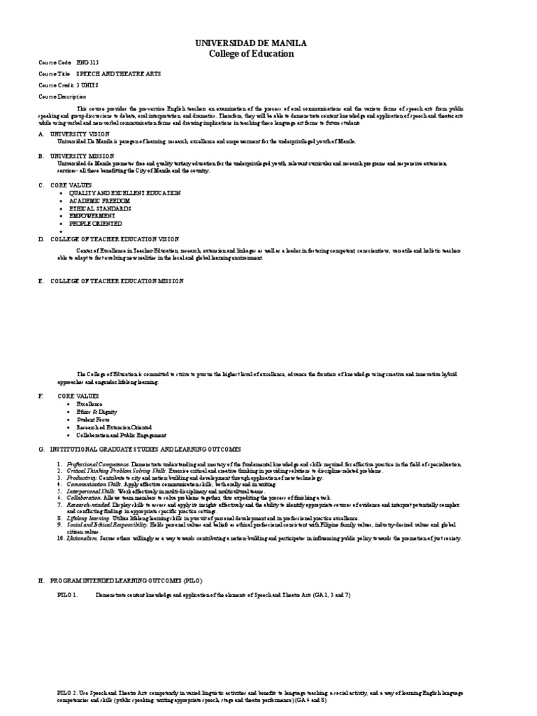 Eng 313 Speech and Theatre Arts Syllabus | PDF | Communication | Language Education