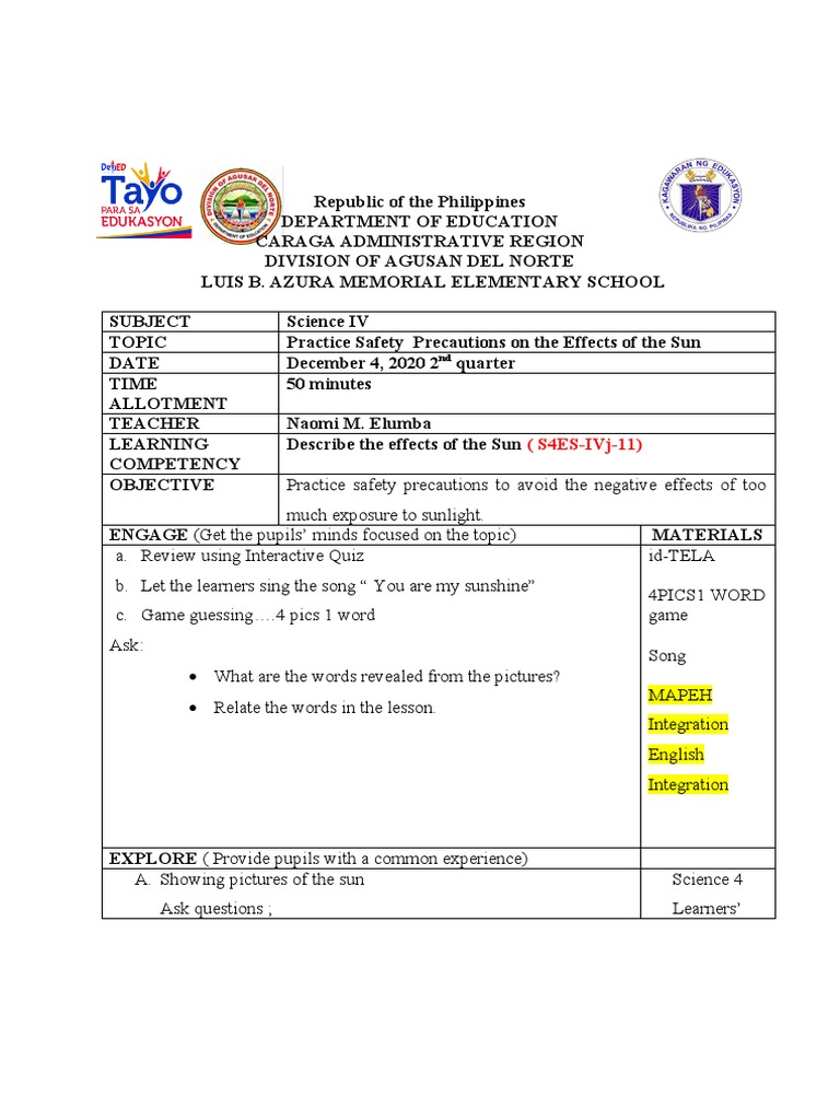 Grade 4 Cot DLP q4 Science by Teacher Naomi | PDF | Learning | Sun