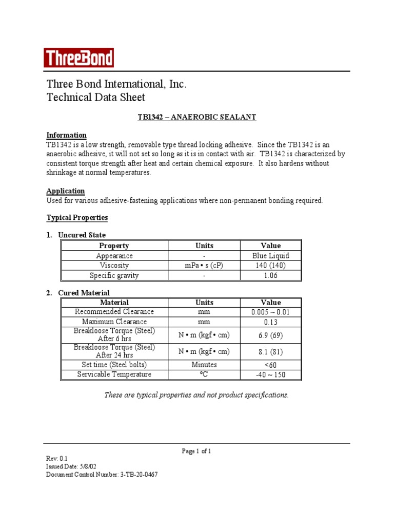 Three Bond International, Inc. Technical Data Sheet: Tb1342 - Anaerobic Sealant Information | PDF