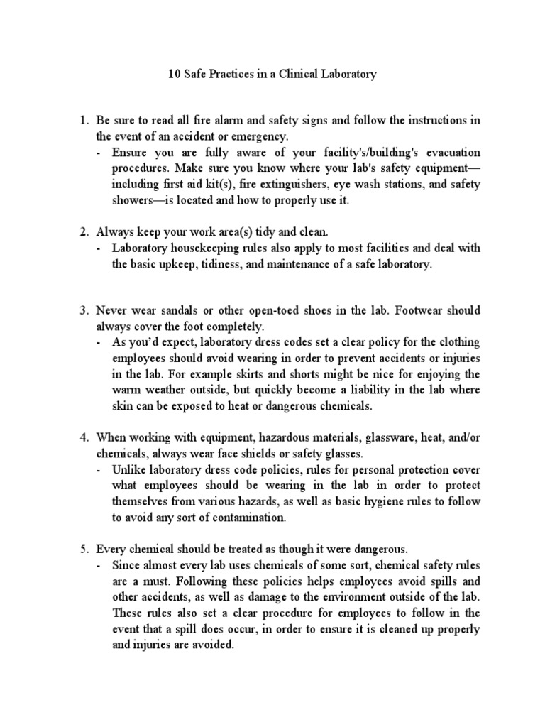 10 Safe Practices in A Clinical Laboratory | PDF | Laboratories ...