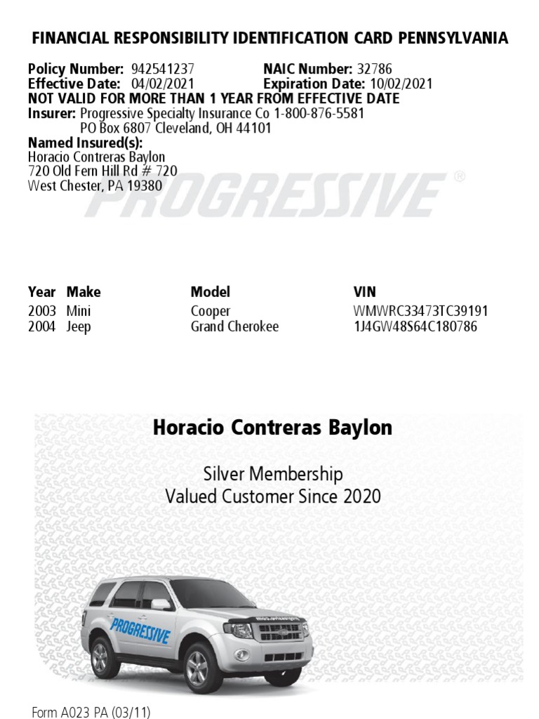 Progressive Insurance Card