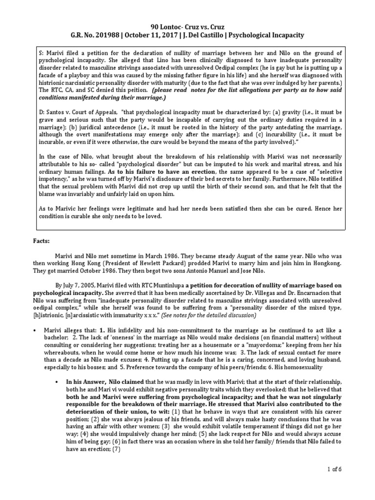 CivRev-90-Lontoc-Cruz vs. Cruz | PDF | Marriage | Mental Disorder