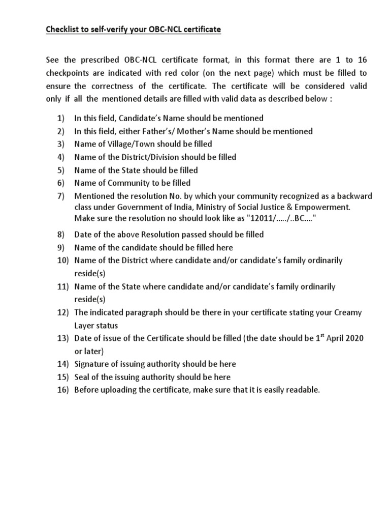 Checklist To Self-Verify Your OBC-NCL Certificate | PDF | Magistrate | Government Of India