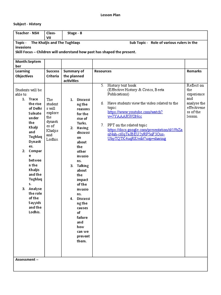 Lesson Plan History Class 7 September | PDF | Lesson Plan | Learning