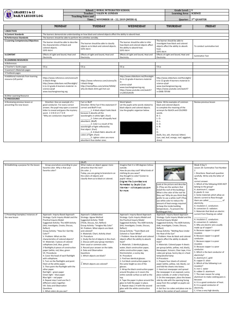 DLL - Science 5 - Q3 - W4 | PDF | Inquiry Based Learning | Color
