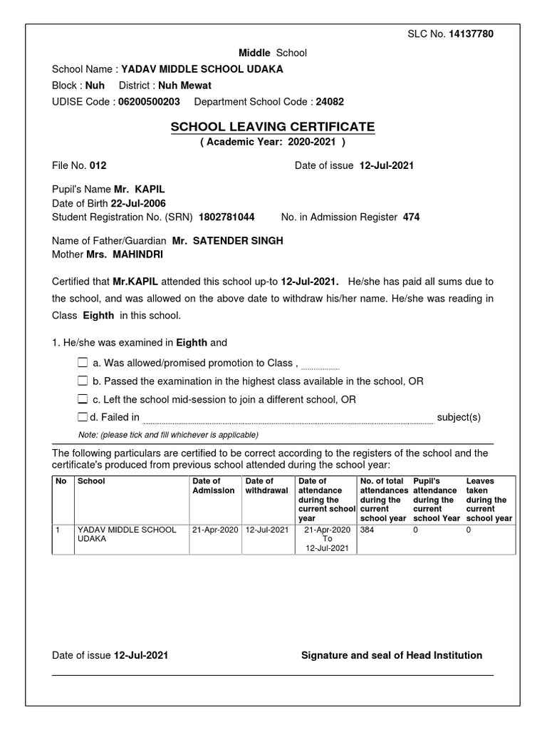 School Leaving Certificate | PDF | Educational Stages