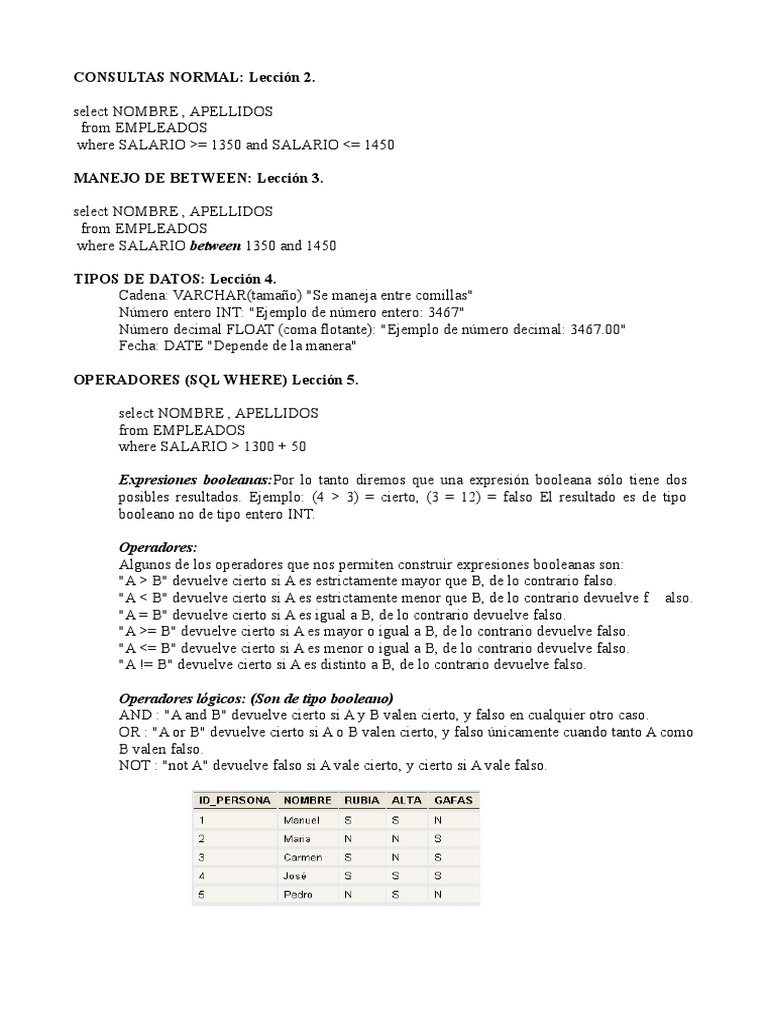 APRENDIENDO SQL PARTE 1 Hasta 12 | PDF | SQL | Paradigmas de programación