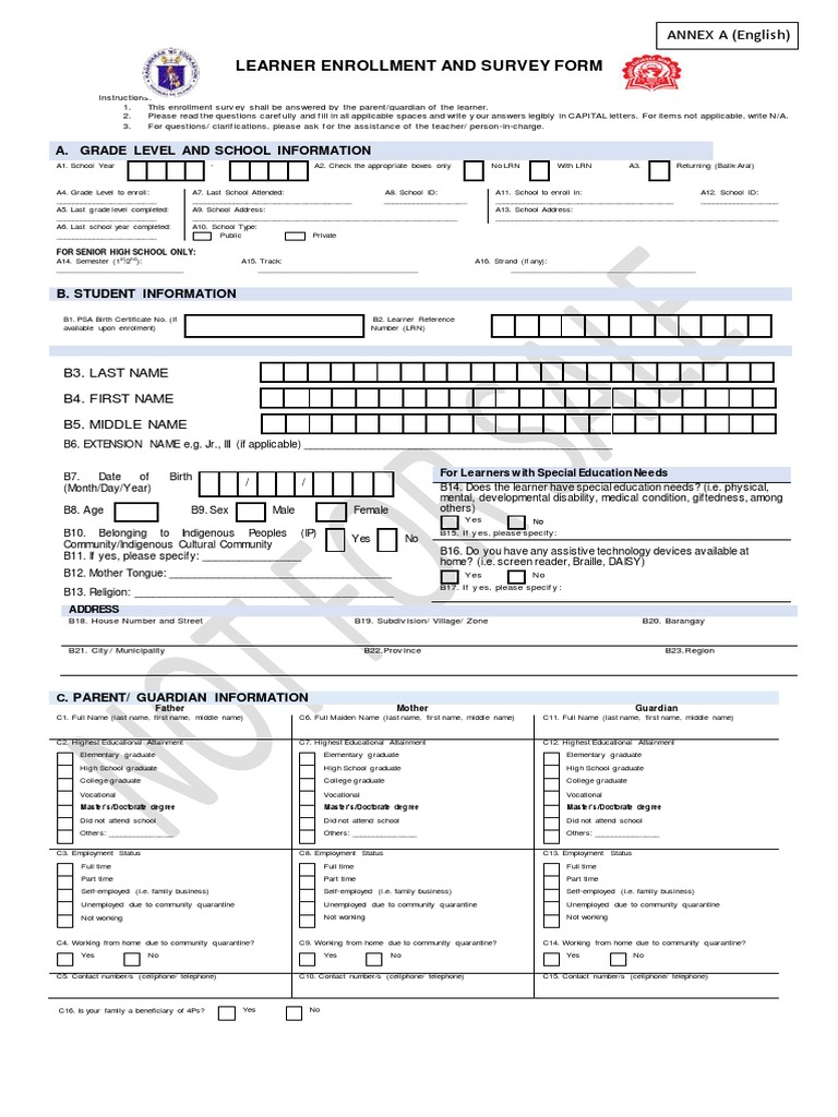 Learner Enrollment and Survey Form: A. Grade Level and School ...