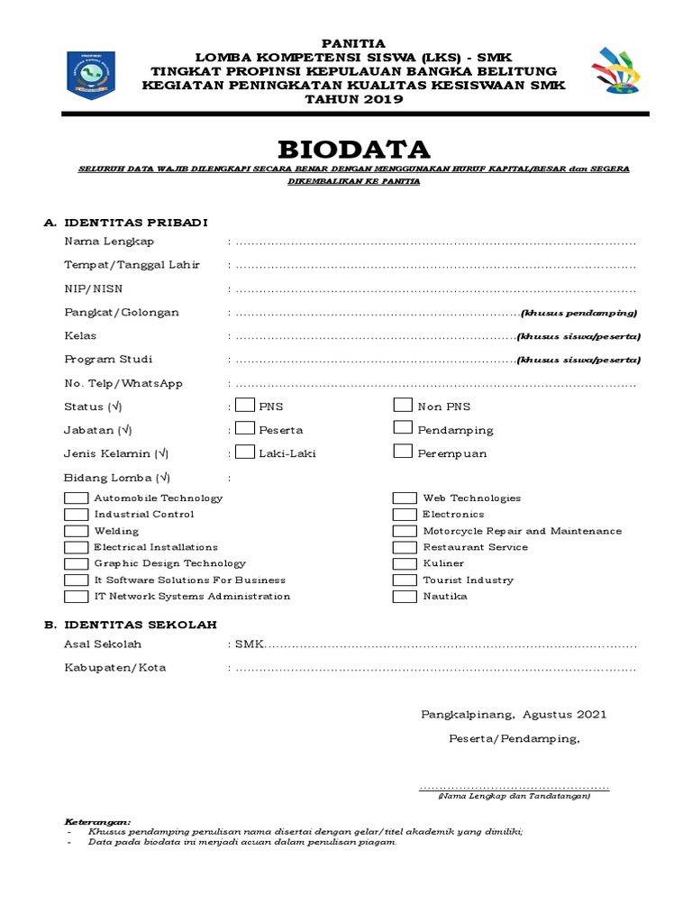 Biodata Peserta Dan Pendamping LKS 2021 | PDF