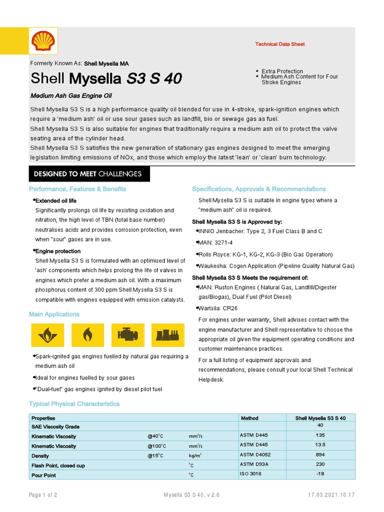 Shell Mysella S3 S 40 | PDF | Natural Gas | Internal Combustion Engine