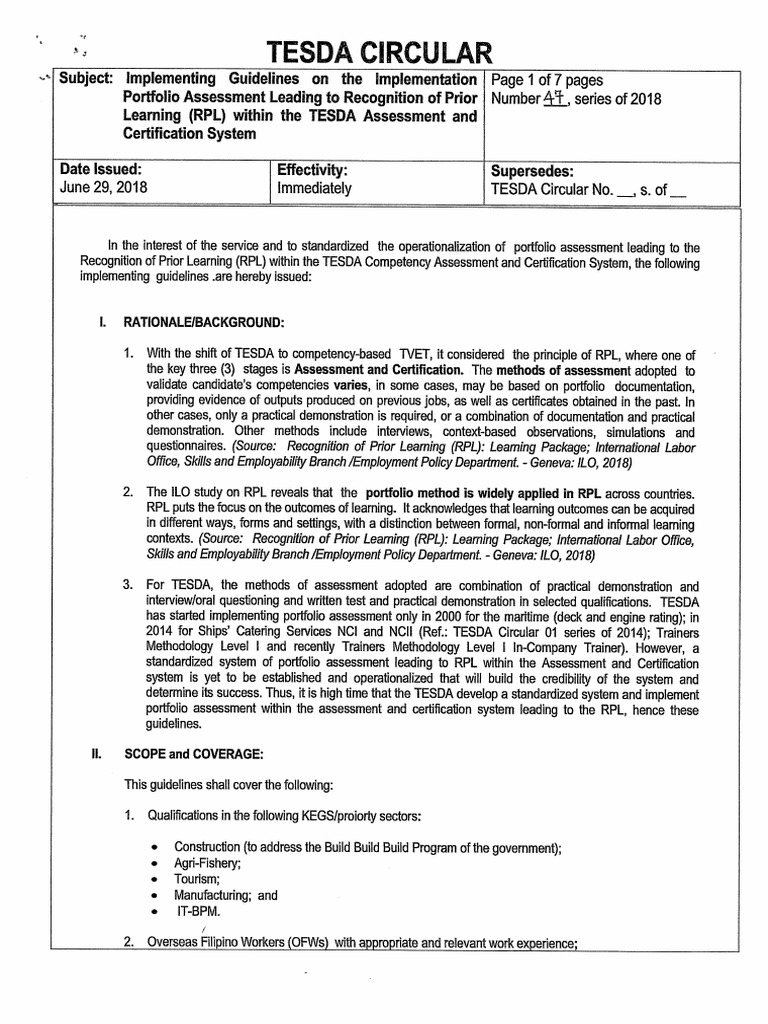 TESDA Circular No. 047-2018 | PDF | Cognition