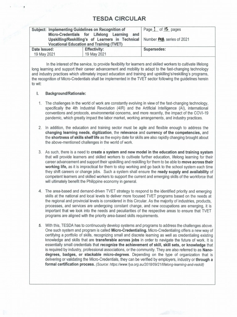 TESDA Circular No. 048-2021 | PDF | Educational Assessment | Competence ...