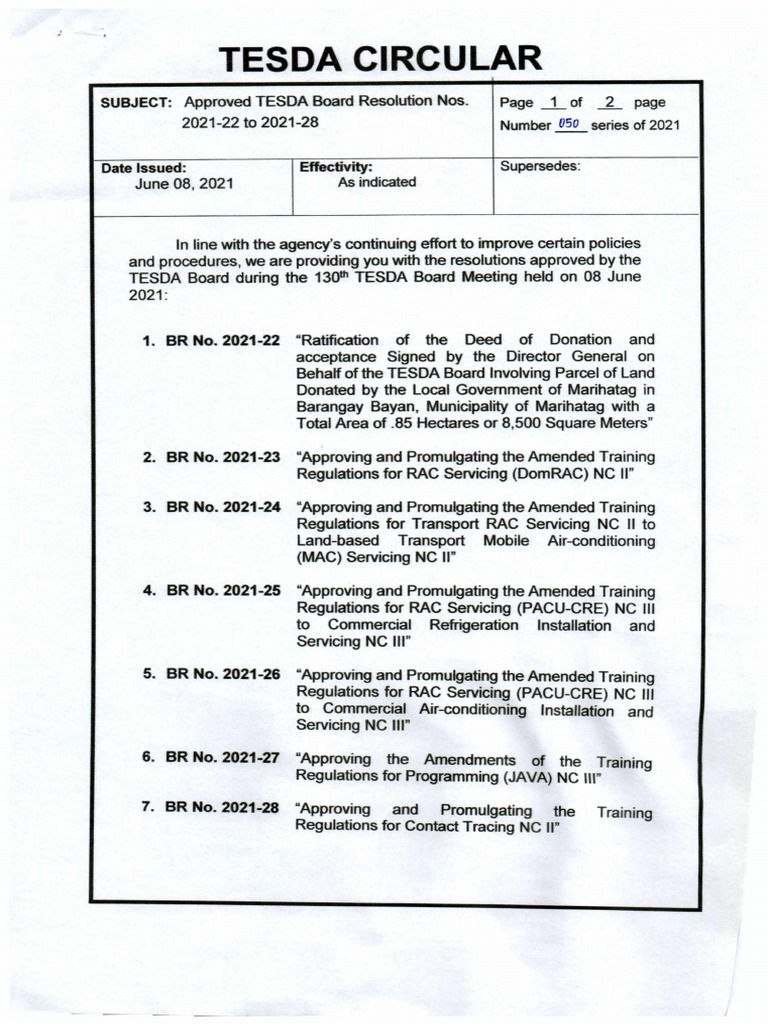 TESDA Circular No. 050-2021 | PDF | Apprenticeship | Distance Education