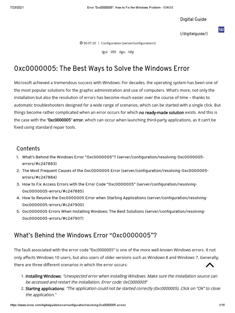Error "0xc0000005" - How To Fix The Windows Problem - IONOS | PDF | Malware | Booting