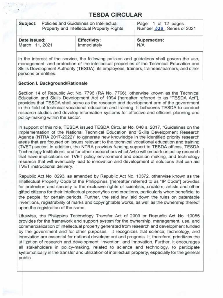 TESDA Circular No. 023-2021 | PDF | Intellectual Property | Patent TESDA Circular No. 023-2021 | PDF | Intellectual Property | Patent