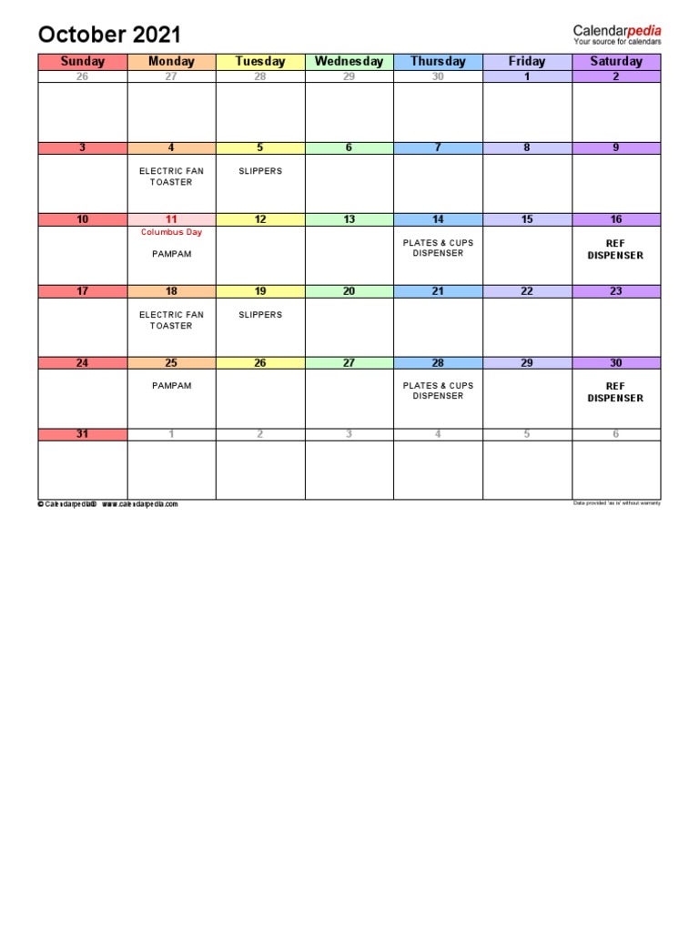 October 2021: Sunday Monday Tuesday Wednesday Thursday Friday Saturday ...