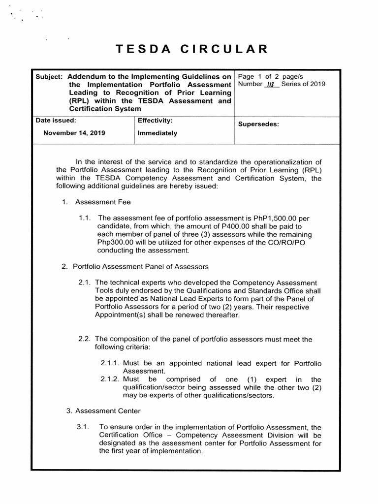 TESDA Circular No. 118-2019 | PDF | Educational Assessment And ...