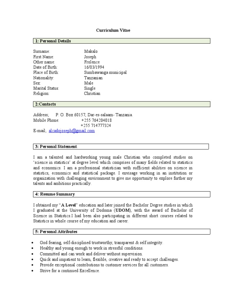 Curriculum Vitae 1: Personal Details | PDF | Tanzania