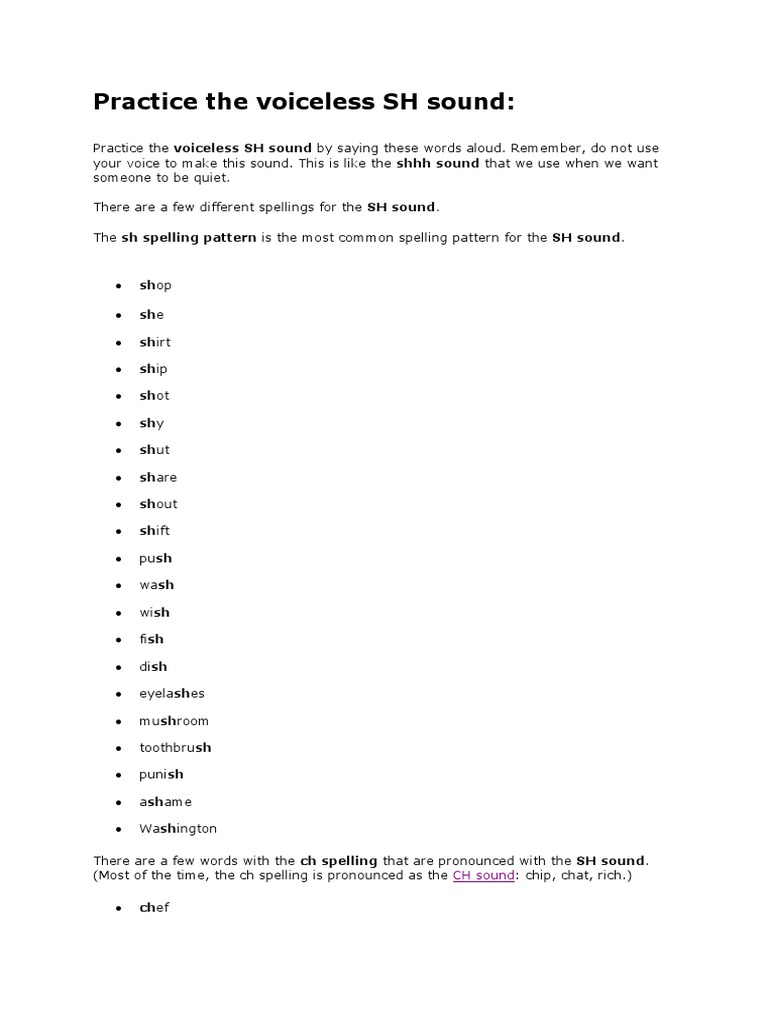 Voiceless SH Sound Practice Guide | PDF | Cognition | Language Families