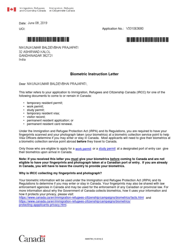 Biometric Instruction Letter: Study Permit Work Permit | PDF ...