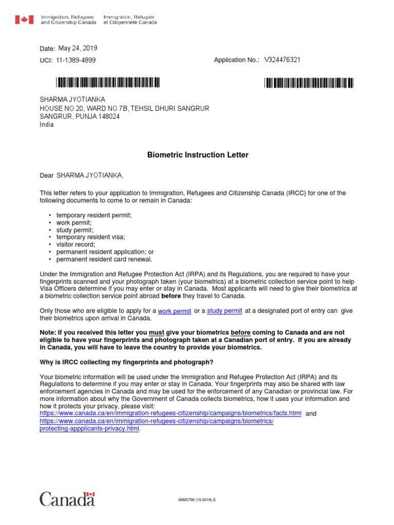 Biometric Instruction Letter: Study Permit Work Permit | Download Free ...