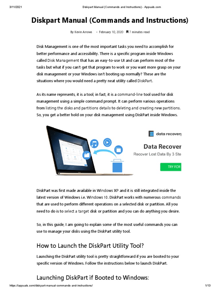 Diskpart Manual (Commands and Instructions) | PDF | Command Line Interface | Booting