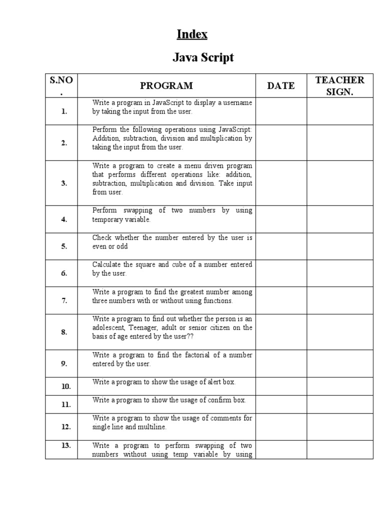 Java Script Index Pdf Java Script Computer Engineering 6322