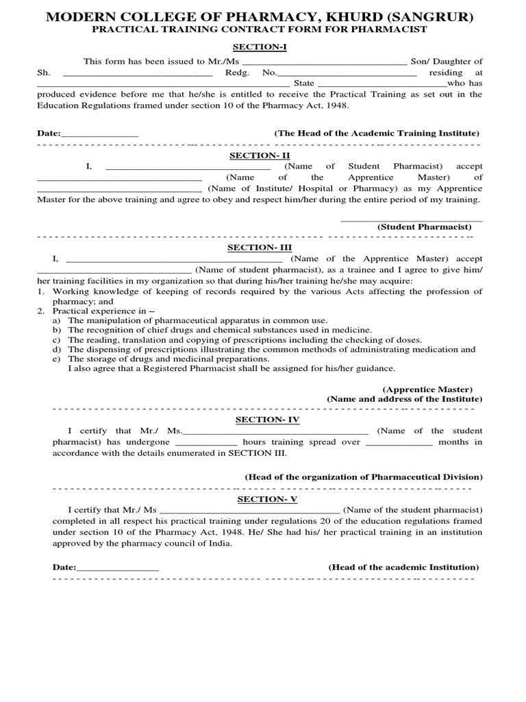 Modern College of Pharmacy, Khurd (Sangrur) : Practical Training Contract Form For Pharmacist ...