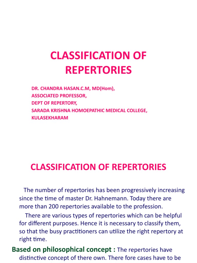 A Comprehensive Classification of Homoeopathic Repertories Based on ...