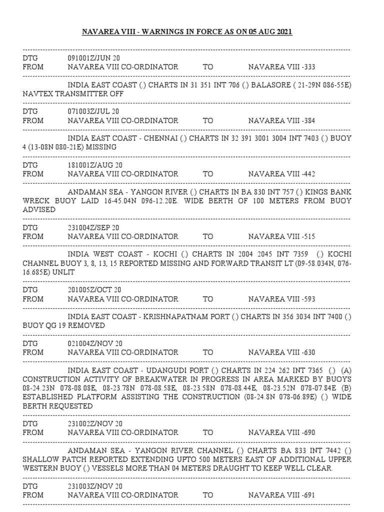 In-Force Navarea VIII Warnings | PDF | Water Transport | Ships