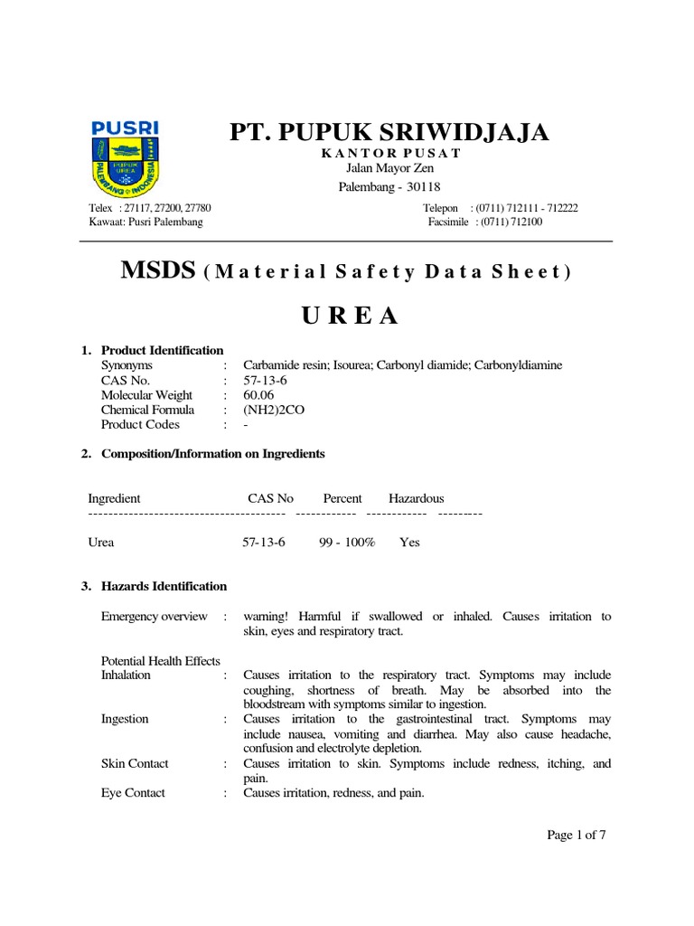 Pt. Pupuk Sriwidjaja: (Material Safety Data Sheet) | PDF | Chemistry ...