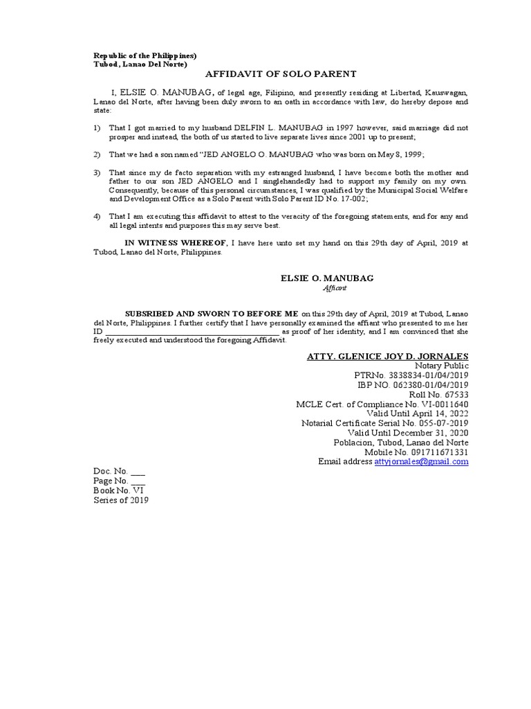 Affidavit of Solo Parent | PDF | Affidavit | Legal Documents