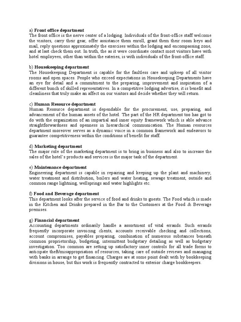 Hotel Department Functions | PDF | Human Resources | Foods