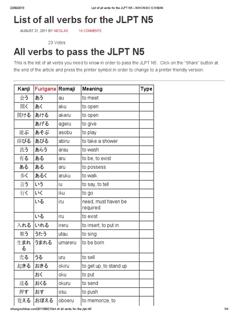 List of All Verbs For The JLPT N5 NIHONGO ICHIBAN PDF | PDF