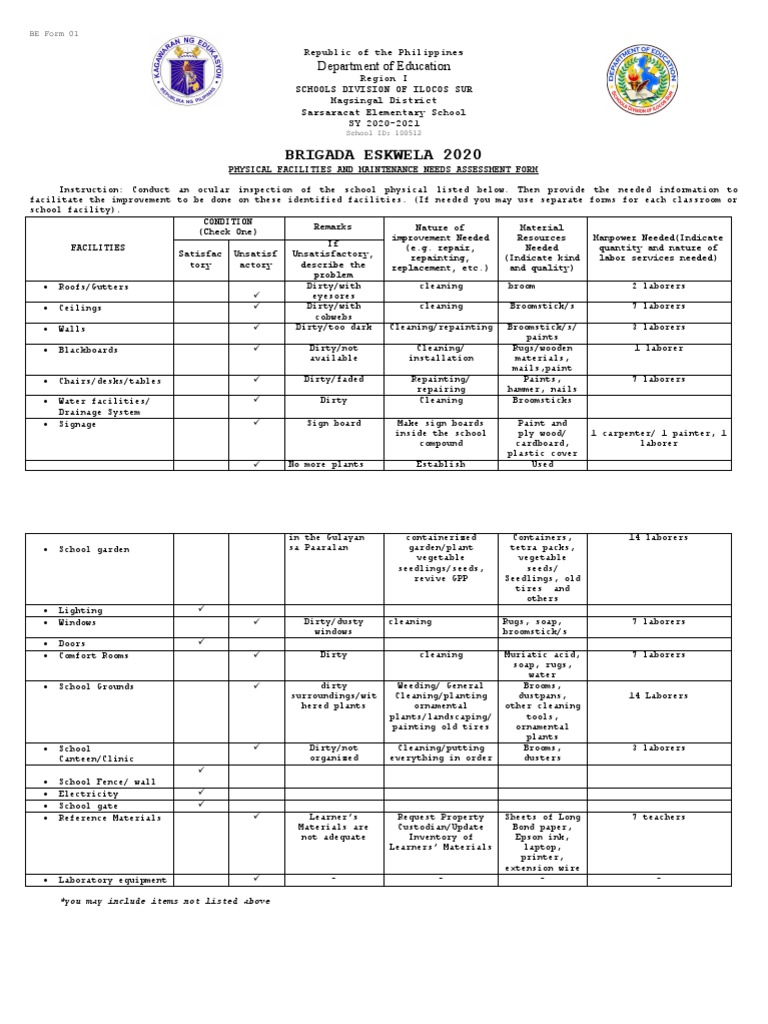 Brigada Eskwela 2020 Needs Assessment Form | PDF | Volunteering