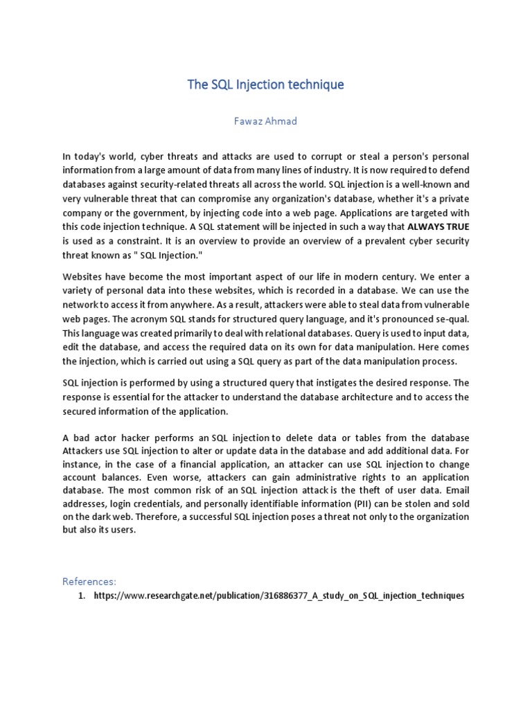The SQL Injection Technique: Fawaz Ahmad | Download Free PDF ...